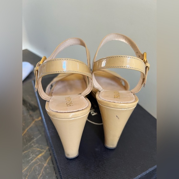 Prada | Shoes | Prada Wedge Patent Leather Beige Sandals | Poshmark